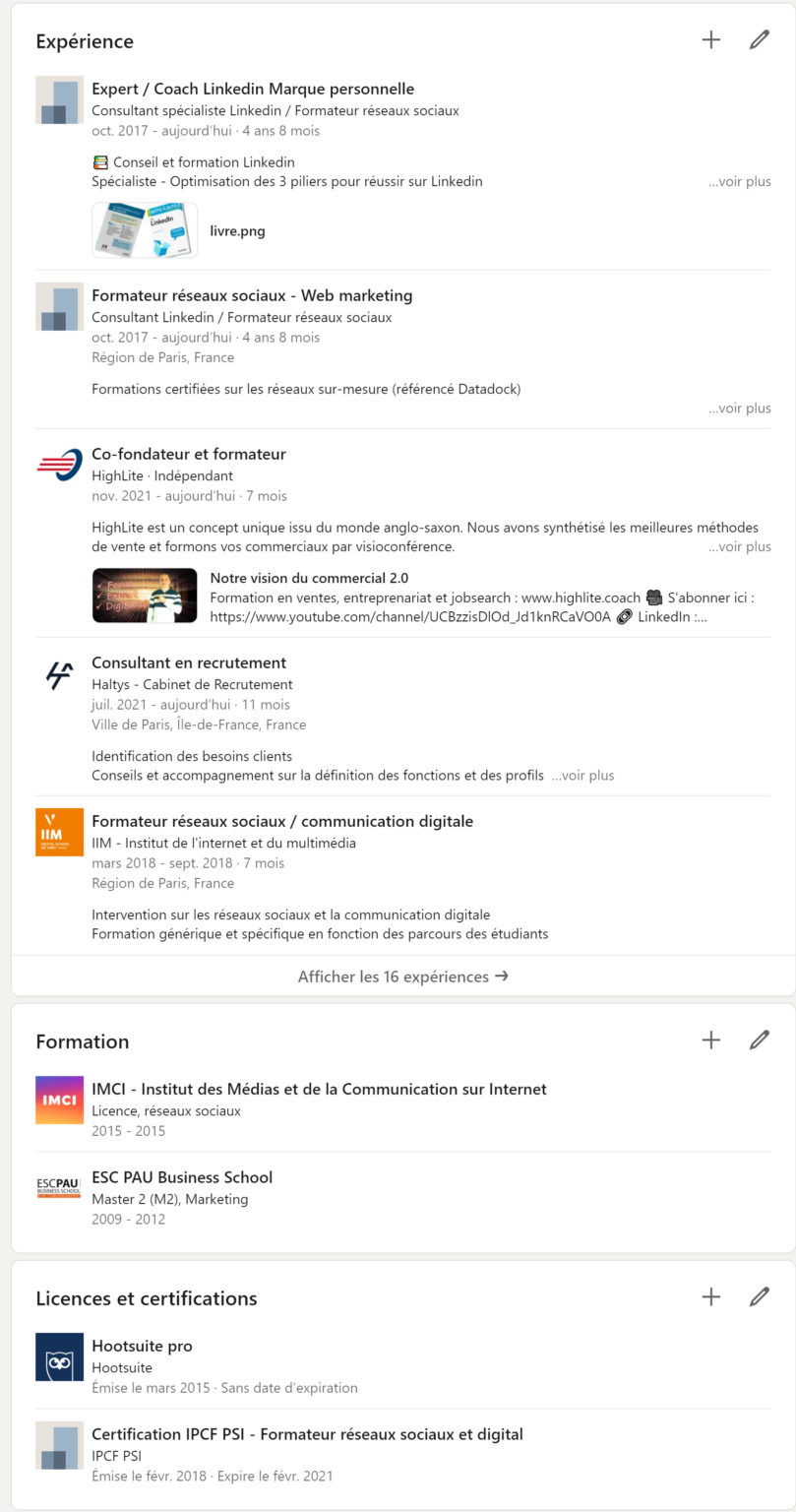 Quels sont les blocs majeurs et les rubriques du profil LinkedIn